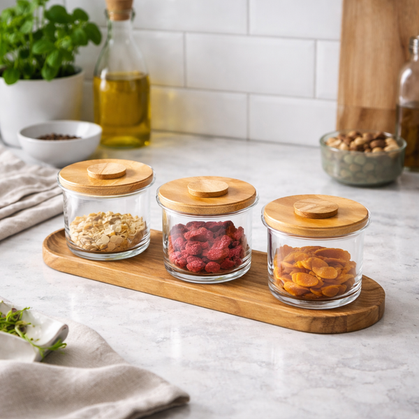Craster Tilt Oak Mini Glass Jar Set 3Pc with Base And Lids 125x95mm ...